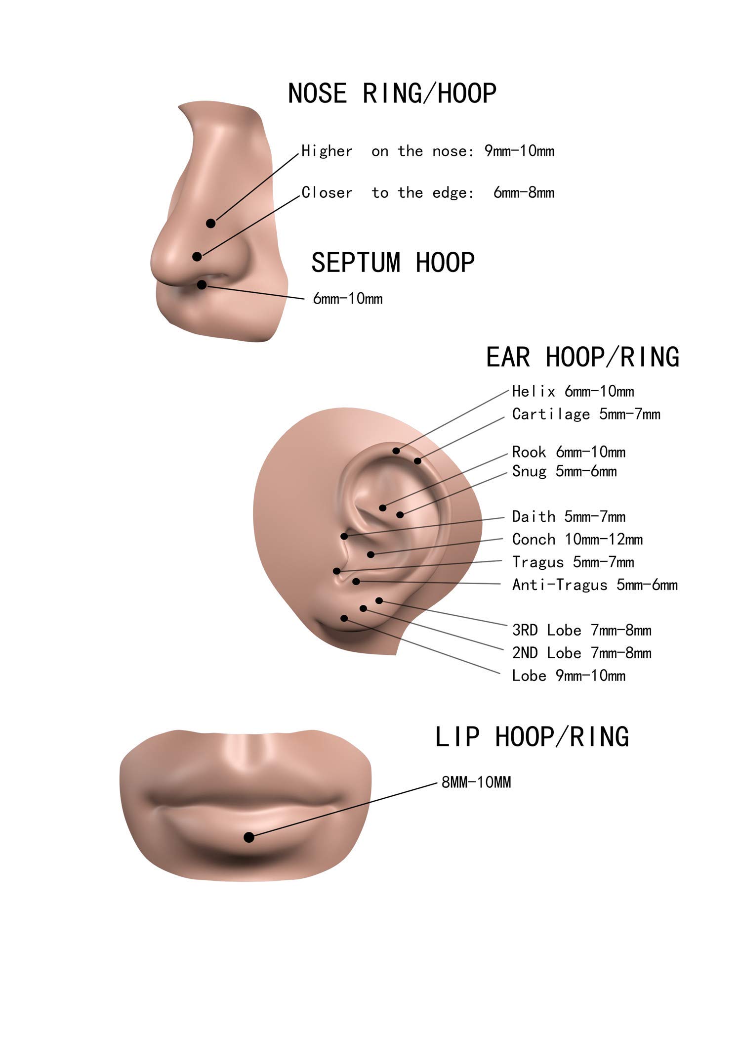 outerunner Hypoallergenic Nose Ring Hoop 2 Piece Gitanium Surgical Steel Nose Hoop 20G 18G 16G 14G (6mm-14mm) Perforated Ring Nasal Cavity Cartilage Spiral Tragus Rook Body Piercing Ring