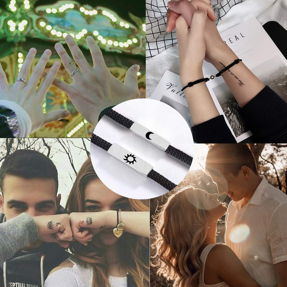 4PCS Sun and Moon Couple Promise Jewelry Set Black Hand-Woven Bracelets Couple Opening Rings for Lovers Best Friends