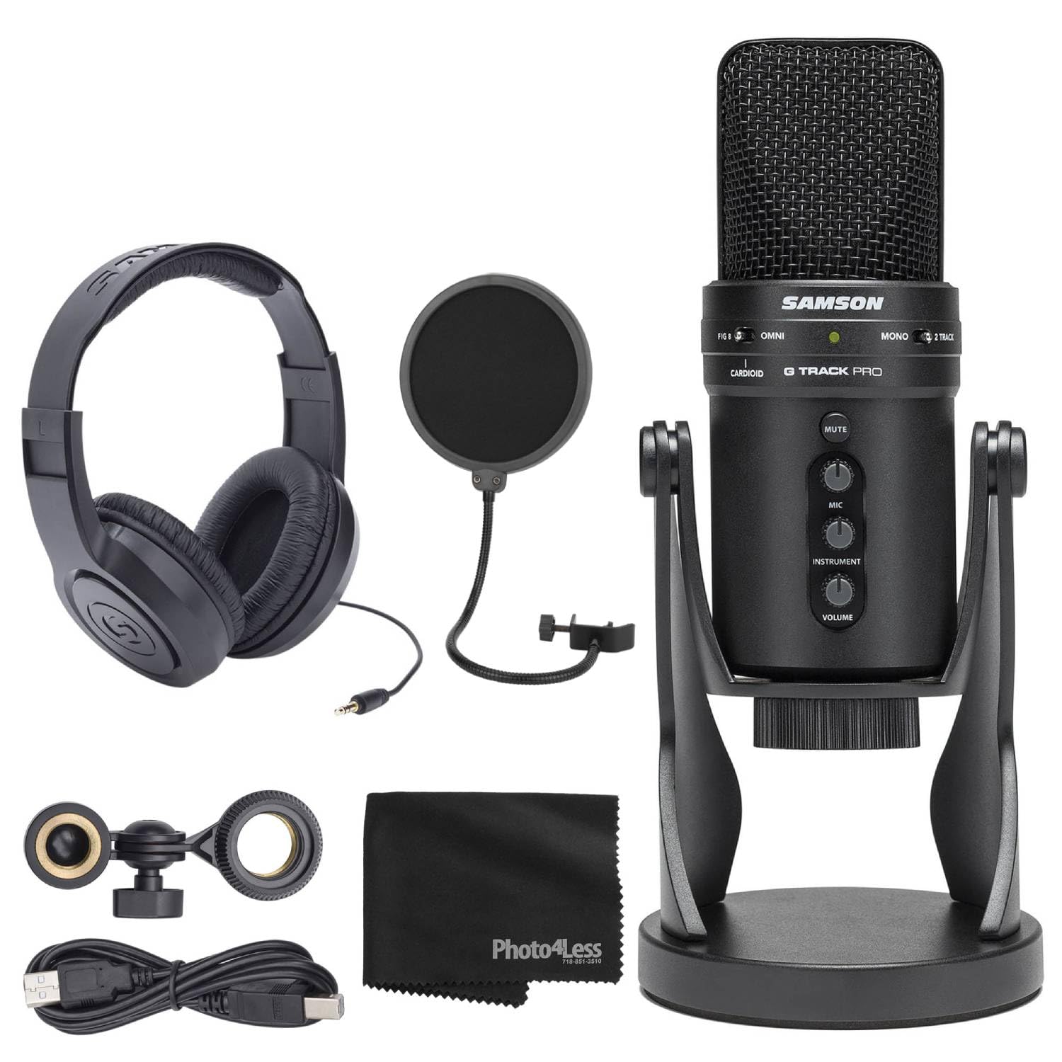 Samson G-Track Pro USB 24-bit Studio Condenser Mic with Audio Interface Bundle Professional Stereo Headphones + Pop Filter + Cloth (4 Items)