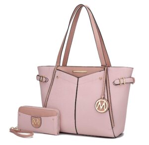 mkf set shoulder bag for women & wristlet wallet purse: top handle tote satchel pu leather handbag pocketbook blush-mauve