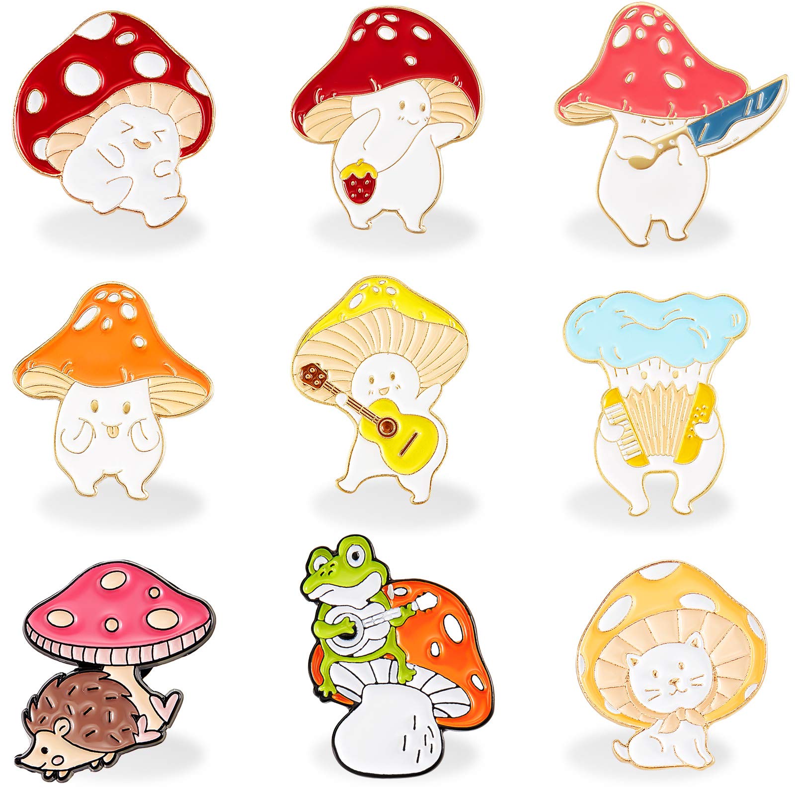 9 Pieces Mushroom Pin Brooches Mushroom Brooches Cute Cartoon Mushroom Gift Alloy Brooch Guitar Cat Frog Hedgehog Cartoon Plant Pin Welcome Back to School Gift for Backpack Clothes Hat