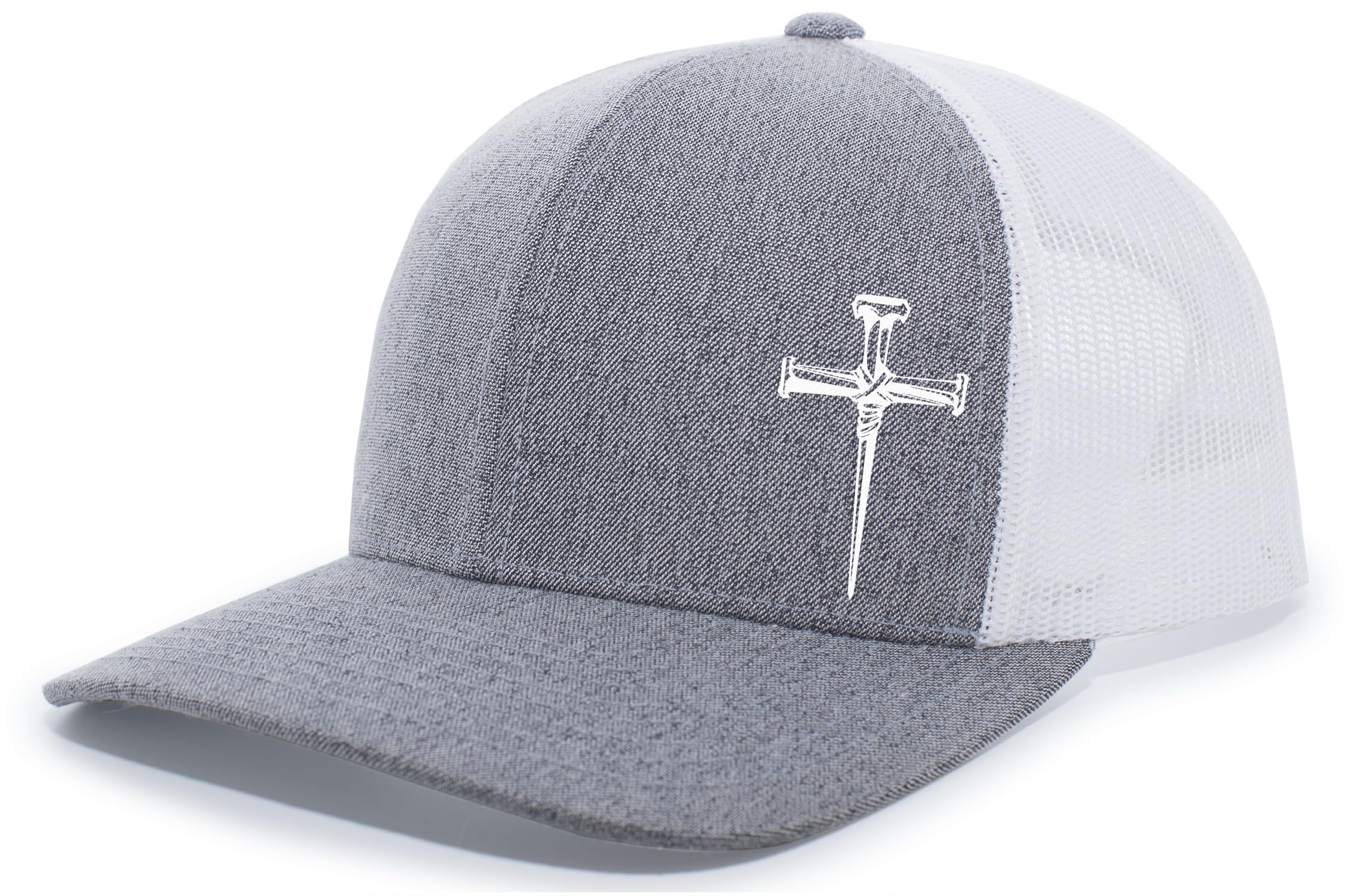 Men's Christian Faith Cross Nails Embroidered Mesh Back Trucker Hat, Heather Grey/White