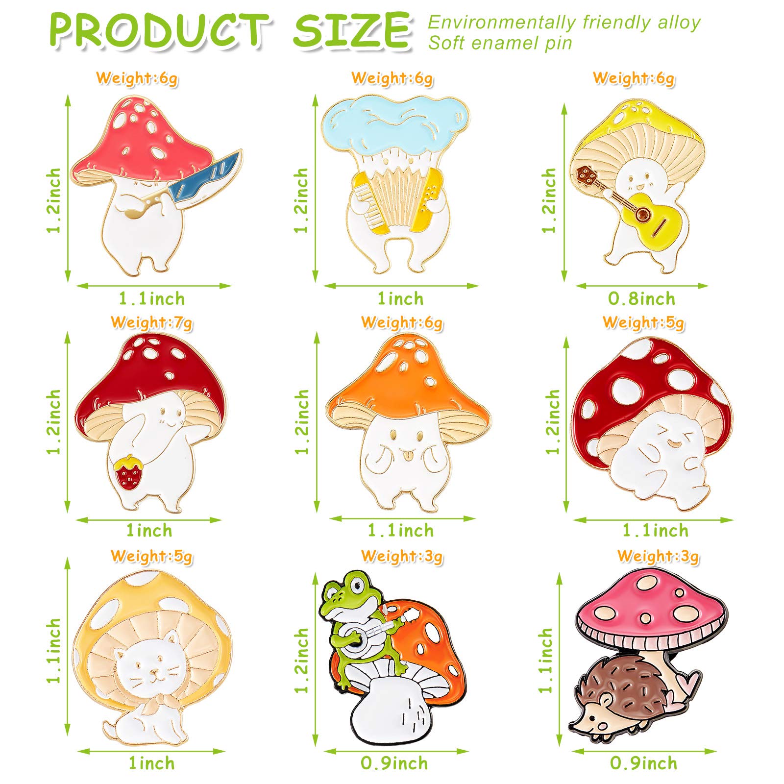 9 Pieces Mushroom Pin Brooches Mushroom Brooches Cute Cartoon Mushroom Gift Alloy Brooch Guitar Cat Frog Hedgehog Cartoon Plant Pin Welcome Back to School Gift for Backpack Clothes Hat