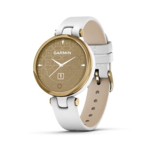 garmin lily™, small smartwatch with touchscreen and patterned lens, light gold with white leather band