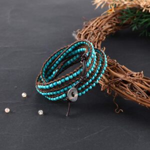 Miss Rabbit Boho Layered Leather Bracelet for Women, Handmade Natural Stone Beaded 5 Wrap Bracelets for Women Blue Turquoise Beads Bohemian Bracelet Jewelry (Boho Turquoise)