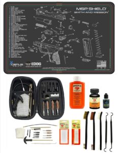 edog range warrior 27 pc gun cleaning kit - compatible with s&w m&p shield - schematic (exploded view) mat, range warrior universal .22 9mm - .45 kit & tac book accessories set