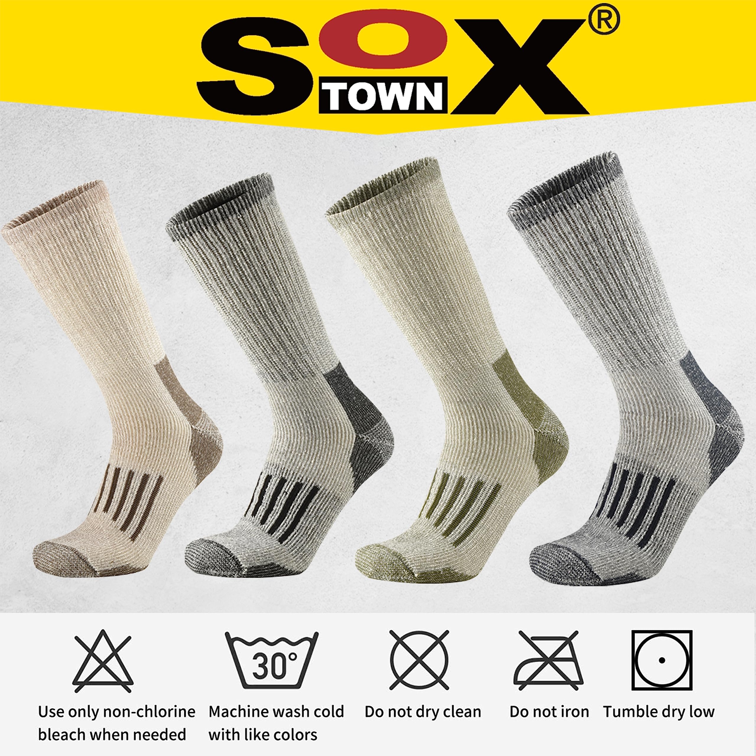 SOX TOWN Men's Merino Wool Cushion Crew Socks Moisture Wicking Control for Outdoor Hiking Work Boot Thermal Warm All Seasons(Brown L)