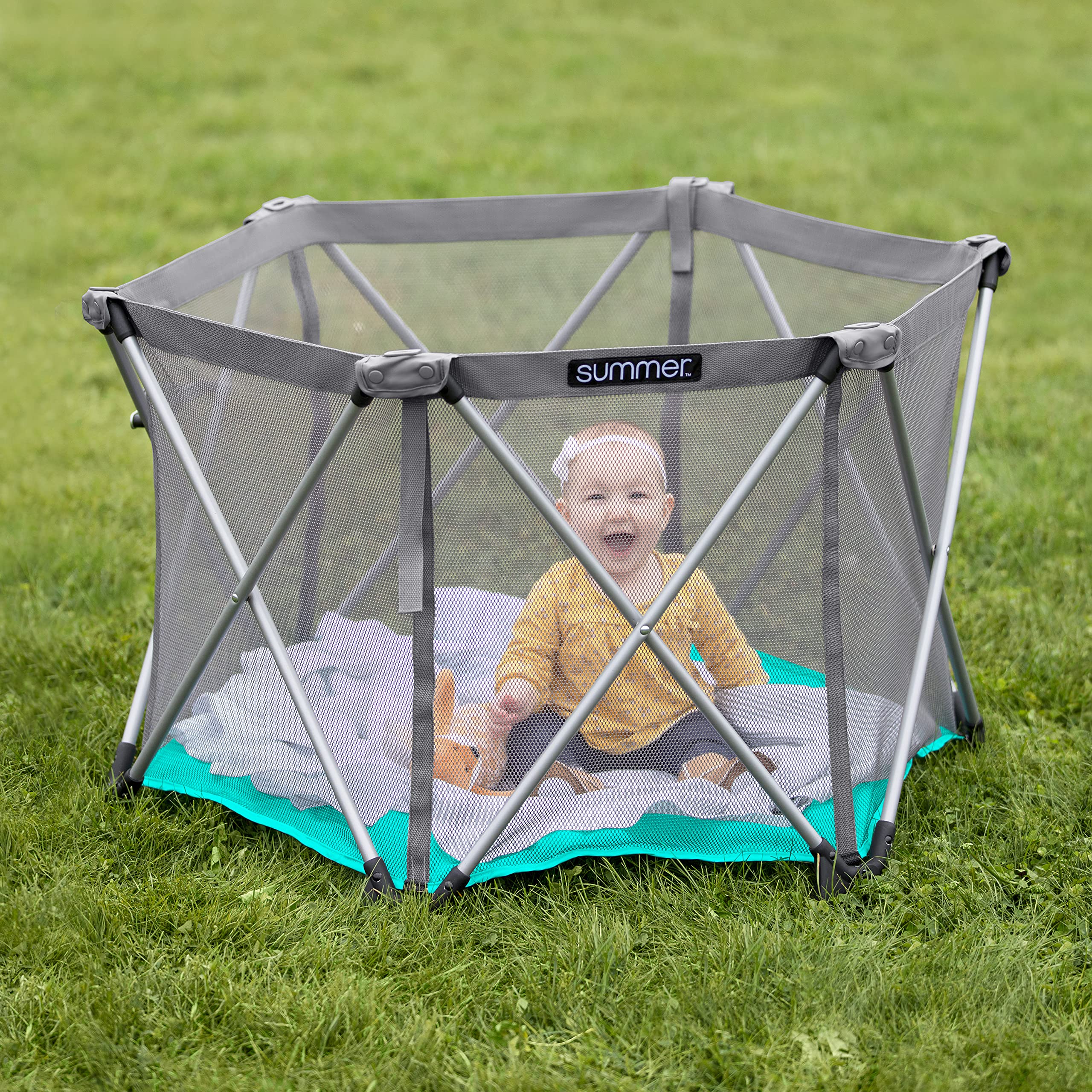 Summer Pop ‘N Play Lite Playard, Aqua/Gray, 34 x 24.5" (25430)