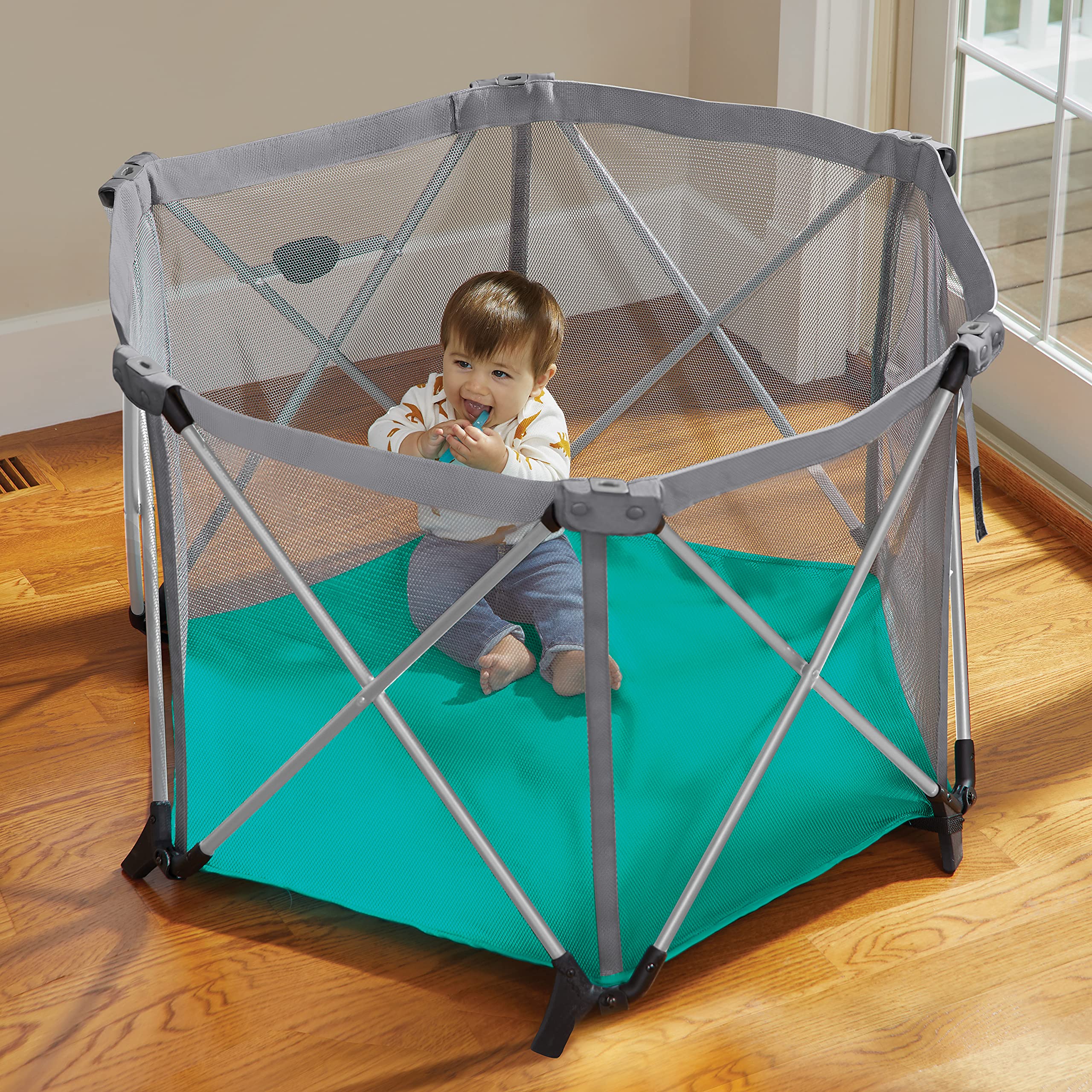 Summer Pop ‘N Play Lite Playard, Aqua/Gray, 34 x 24.5" (25430)