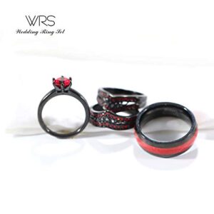 Two Rings His Hers Wedding Ring Sets Couples Matching Rings Women's 2pc Black Gold Plated Red CZ Wedding Engagement Ring Bridal Sets Men's Tungsten Carbide Band Wedding Band