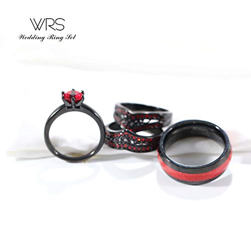 Two Rings His Hers Wedding Ring Sets Couples Matching Rings Women's 2pc Black Gold Plated Red CZ Wedding Engagement Ring Bridal Sets Men's Tungsten Carbide Band Wedding Band