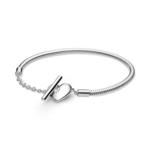 pandora moments heart t-bar snake chain bracelet, 6.7 in, with gift box