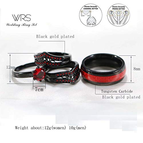 Two Rings His Hers Wedding Ring Sets Couples Matching Rings Women's 2pc Black Gold Plated Red CZ Wedding Engagement Ring Bridal Sets Men's Tungsten Carbide Band Wedding Band