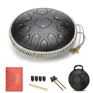 black 15 notes 14 inches steel tongue drum | wide range steel drum with carrying bag & mallets | tank drum for healing | random color | ideal for stress relief and meditation