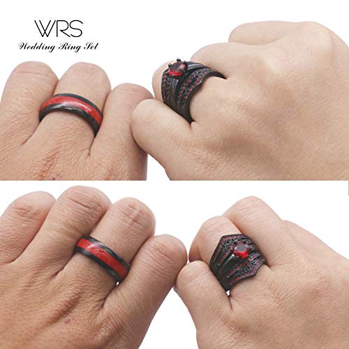 Two Rings His Hers Wedding Ring Sets Couples Matching Rings Women's 2pc Black Gold Plated Red CZ Wedding Engagement Ring Bridal Sets Men's Tungsten Carbide Band Wedding Band