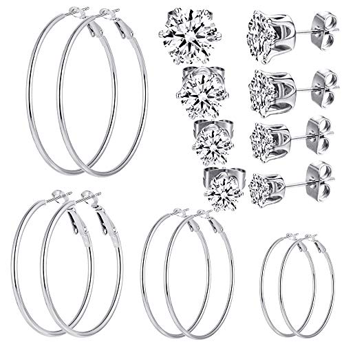 4 Pairs Silver Plated Hoop Earrings for Women Lightweight Hypoallergenic Silver Hoops Stainless Steel Hoop Earrings Loop Earrings Set