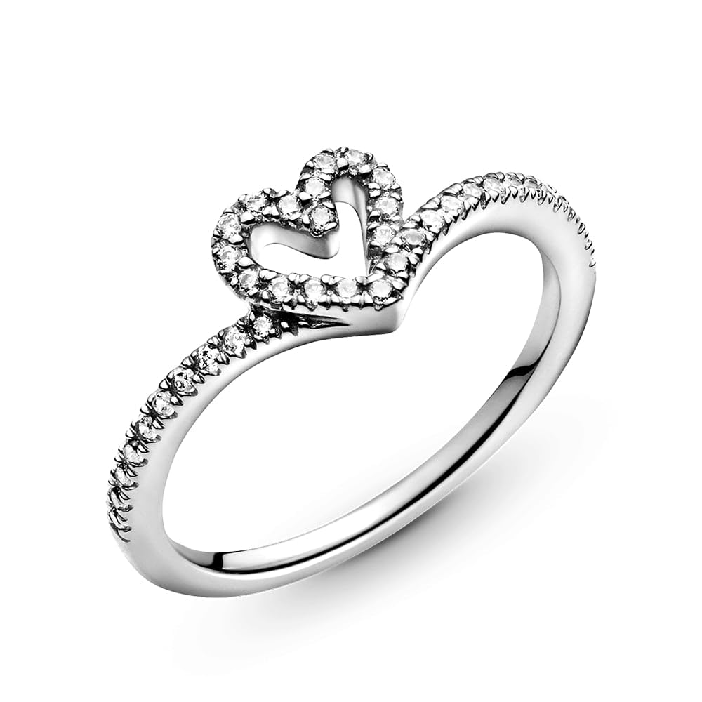 Pandora Sparkling Wishbone Heart Ring - Stackable Ring for Women - Sterling Silver with Clear Cubic Zirconia - Size 5