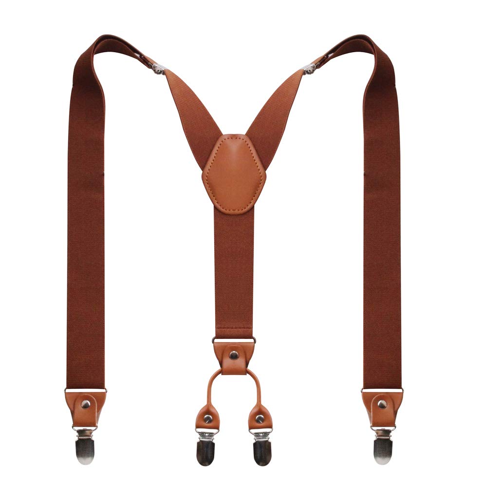 GUCHOL Suspenders Bow Tie for Mens and Women Heavy Duty Elastic Wide Suspenders Strong 4 Metal Clips Adjustable (Brown)