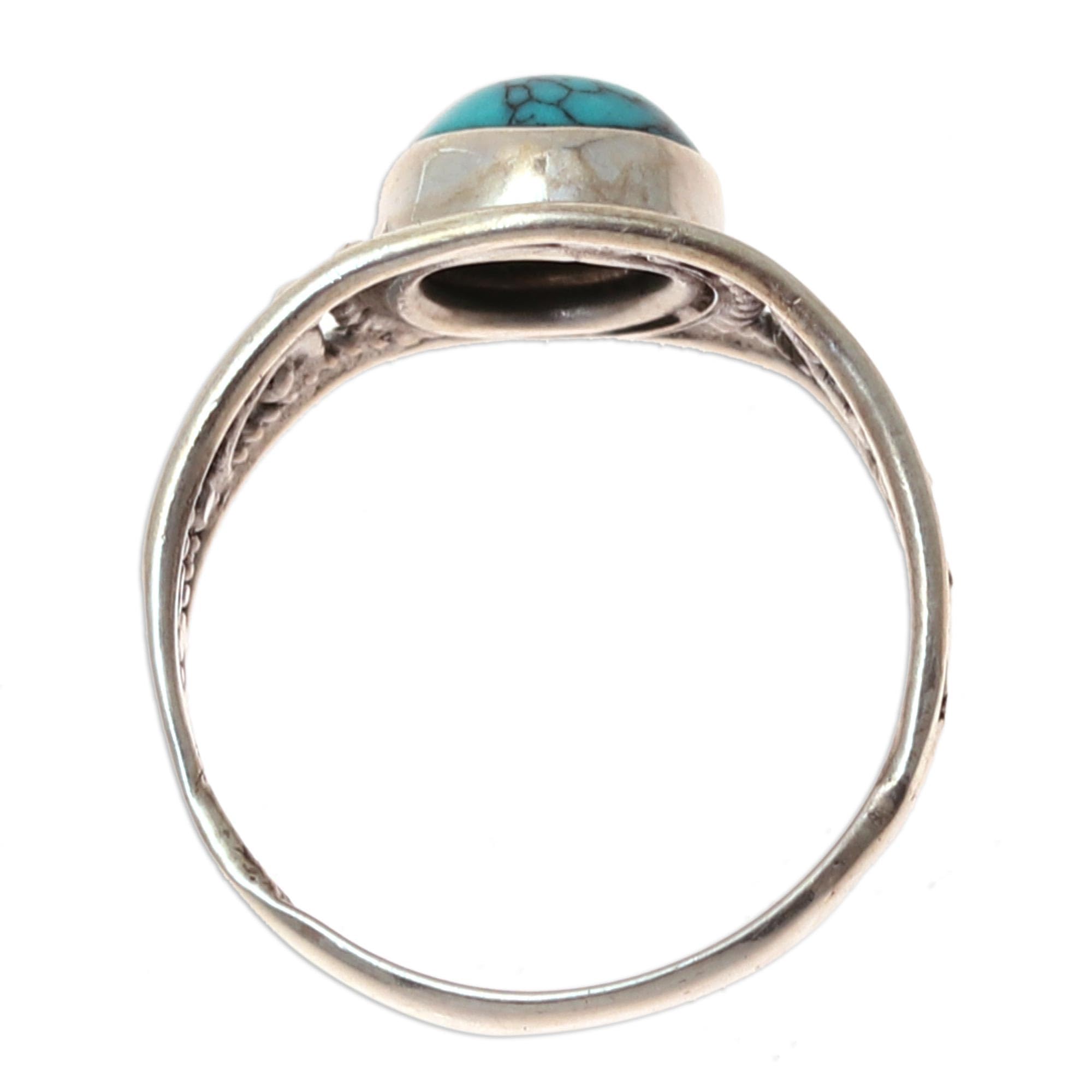 NOVICA Artisan Handmade Sterling Silver Reconstituted Turquoise Cocktail Ring Single Stone India Birthstone [ring Front 0.4 in L x 0.4 in W x 0.2 in H Band Width 2 mm W] ' Turquoise Charm'