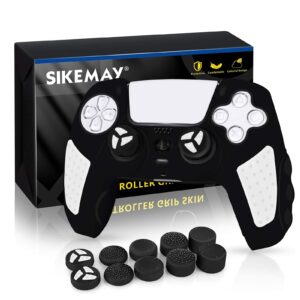 sikemay ps5 controller skin, anti-slip thicken silicone protective cover case perfectly compatible with playstation 5 controller grip with 10 x thumb grip caps (black-white)