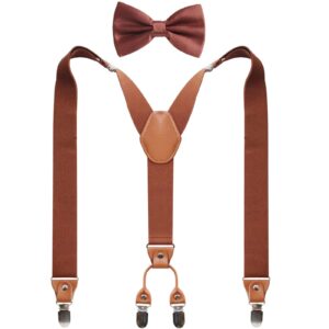 guchol suspenders bow tie for mens and women heavy duty elastic wide suspenders strong 4 metal clips adjustable (brown)