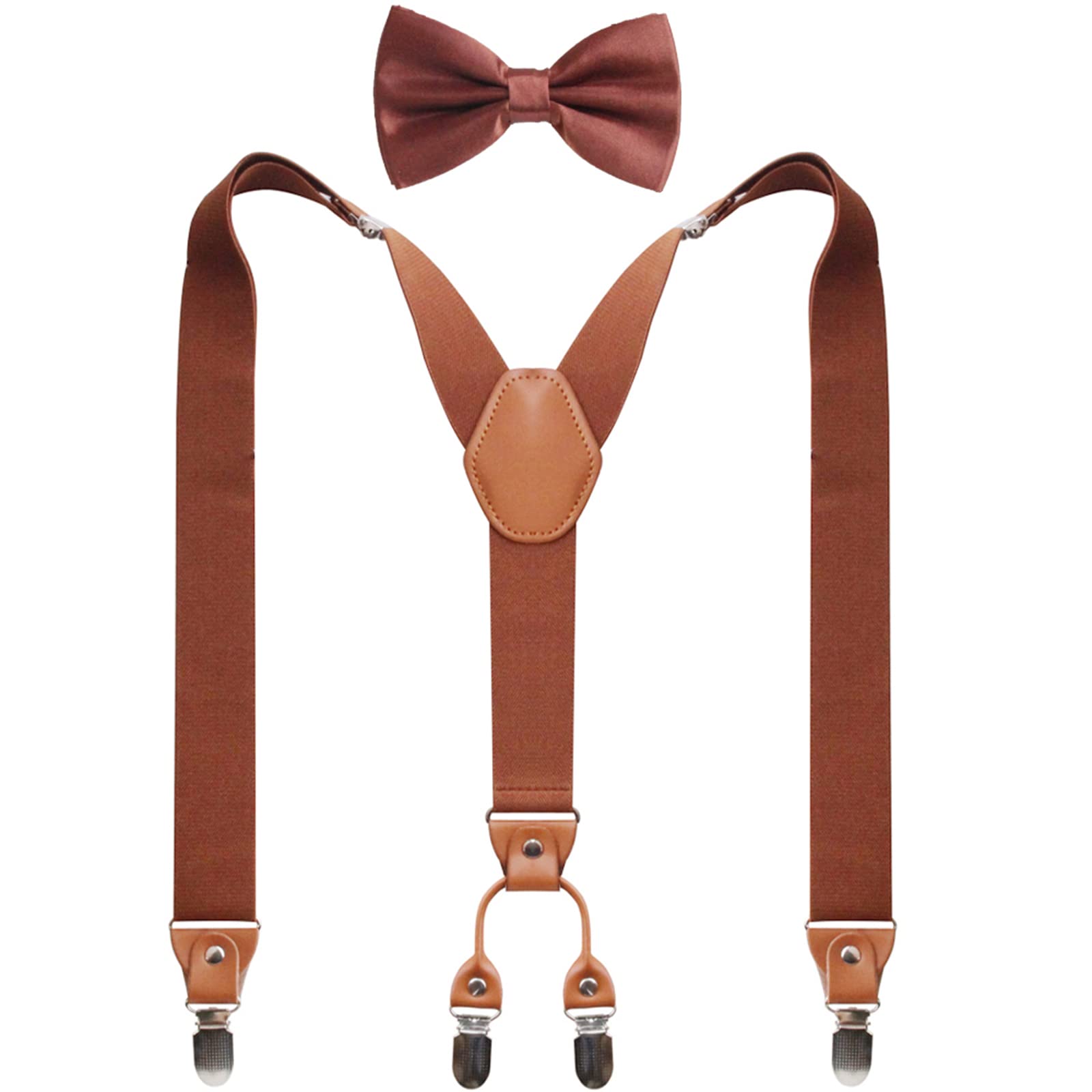 GUCHOL Suspenders Bow Tie for Mens and Women Heavy Duty Elastic Wide Suspenders Strong 4 Metal Clips Adjustable (Brown)