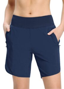 mocoly womens quick-dry running shorts athletic sports workout shorts lightweight gym yoga shorts 7 inches loose fit zip pocket navy blue s