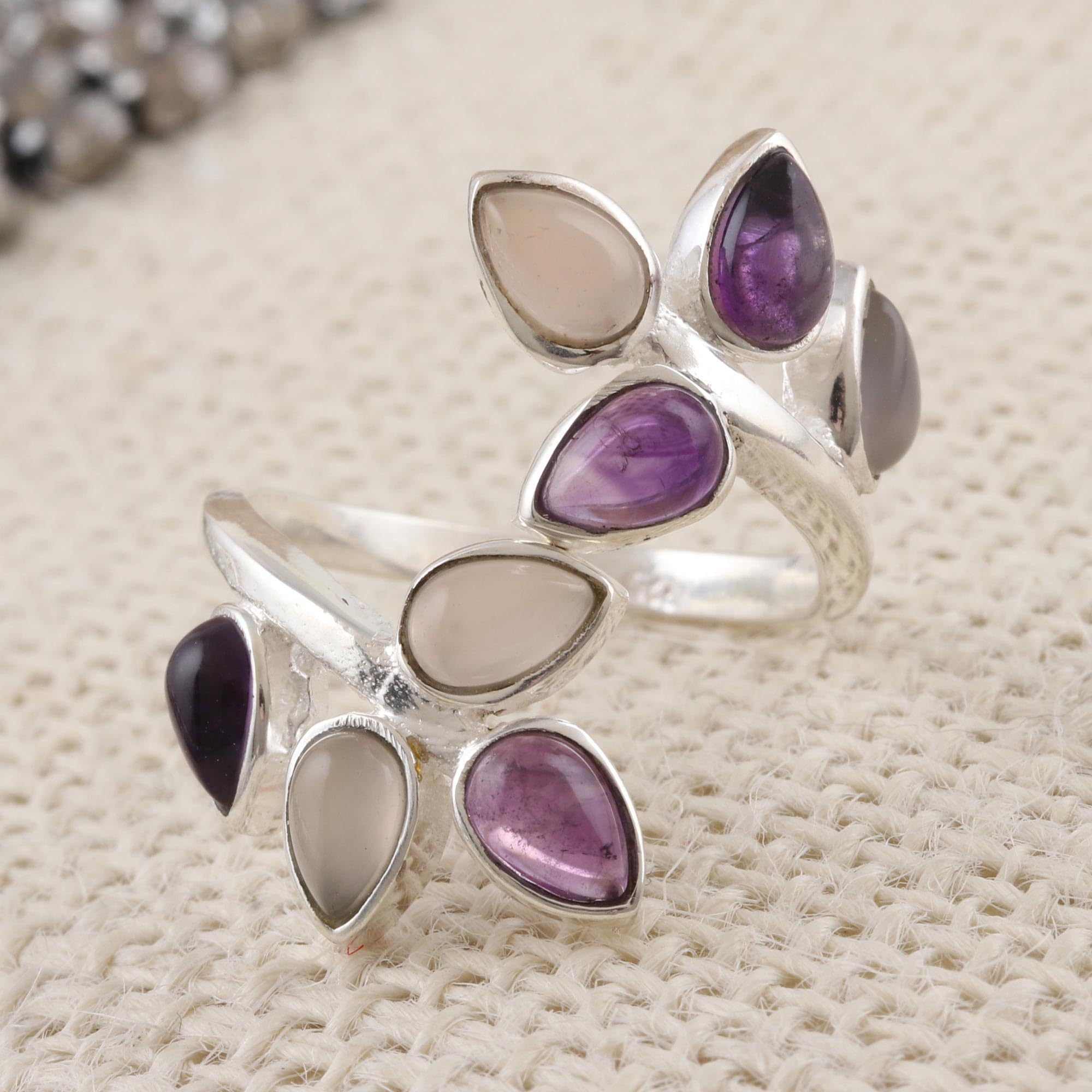 NOVICA Artisan Handmade Amethyst Rose Quartz Cocktail Ring Gemstone Sterling Silver Multi India Leaf Tree Birthstone [ring Front 0.9 in L x 0.8 in W x 0.2 in H Band Width 2 mm W] ' Leafy Glory'