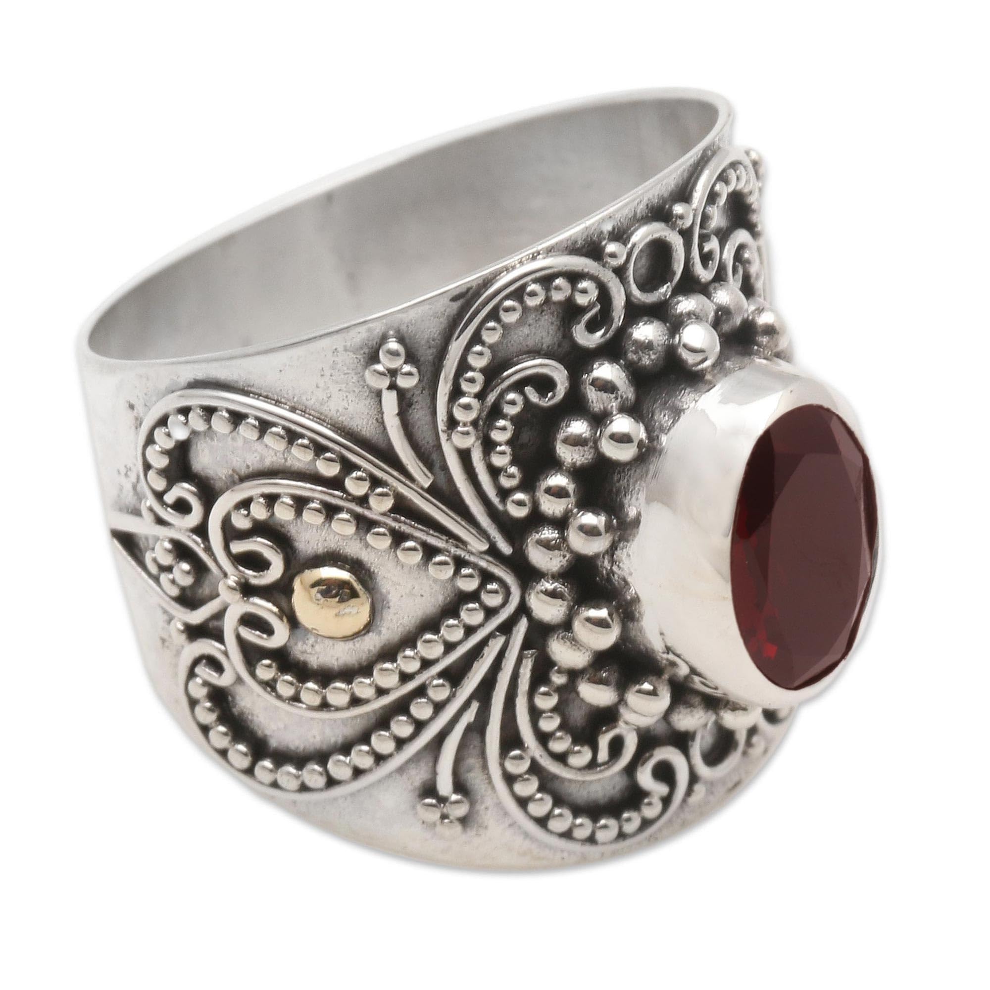 NOVICA Artisan handmade gold accent garnet cocktail ring balinese silver oval with accents sterling single stone indonesia gemstone birthstone traditional [Ring front 0.8 in L x 0.8 in W x 0.2 in H B]