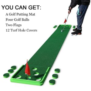 SPRAWL Golf Putting Mat Golf Practice Green 11.5 Feet Golf Pong Game 12 Holes Mat with 4 Balls for Indoor Short Game Office Backyard Use