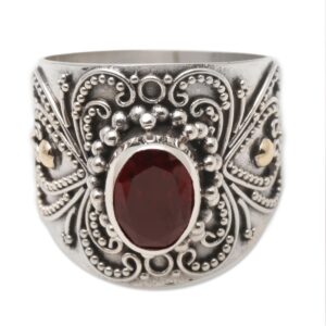 NOVICA Artisan handmade gold accent garnet cocktail ring balinese silver oval with accents sterling single stone indonesia gemstone birthstone traditional [Ring front 0.8 in L x 0.8 in W x 0.2 in H B]