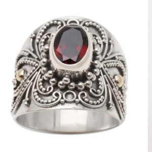 NOVICA Artisan handmade gold accent garnet cocktail ring balinese silver oval with accents sterling single stone indonesia gemstone birthstone traditional [Ring front 0.8 in L x 0.8 in W x 0.2 in H B]