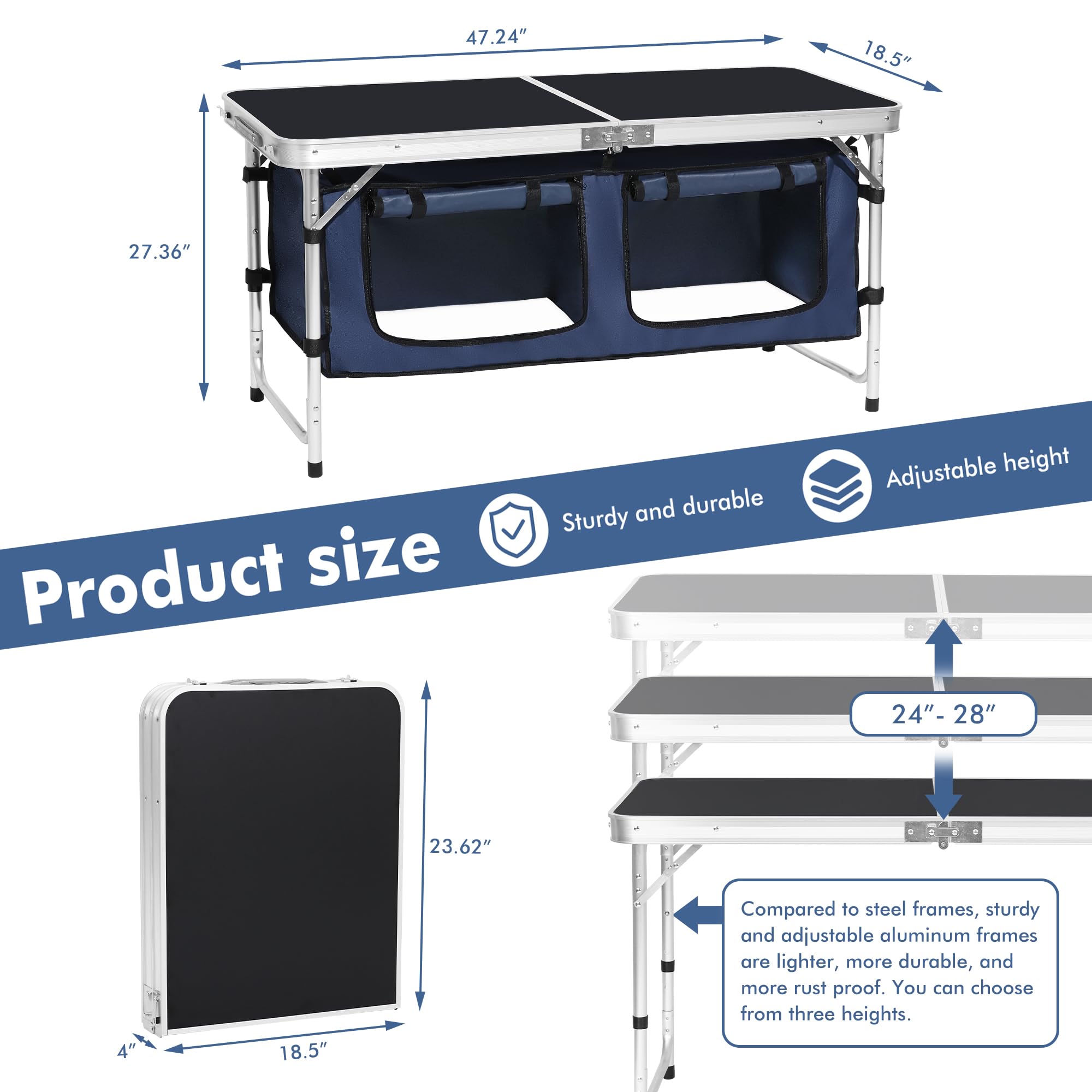 Camp Field Camping Folding Aluminum Table with Adjustable Legs for Outdoor Travel Beach, Backyards, BBQ, Party and Picnic Foldable Table