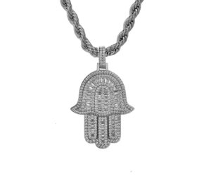 shop-igold men's hamsa evil eye protector men women 925 italy white gold finish iced silver charm pendant stainless steel real 3 mm rope chain, mans jewelry, iced pendant, rope necklace 16"- 24" (24)