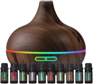 ultimate aromatherapy diffuser & essential oil set - ultrasonic diffuser & top 10 essential oils - 300ml diffuser with 4 timer & 7 ambient light settings - therapeutic grade essential oils dark oak