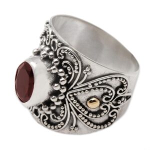 NOVICA Artisan handmade gold accent garnet cocktail ring balinese silver oval with accents sterling single stone indonesia gemstone birthstone traditional [Ring front 0.8 in L x 0.8 in W x 0.2 in H B]