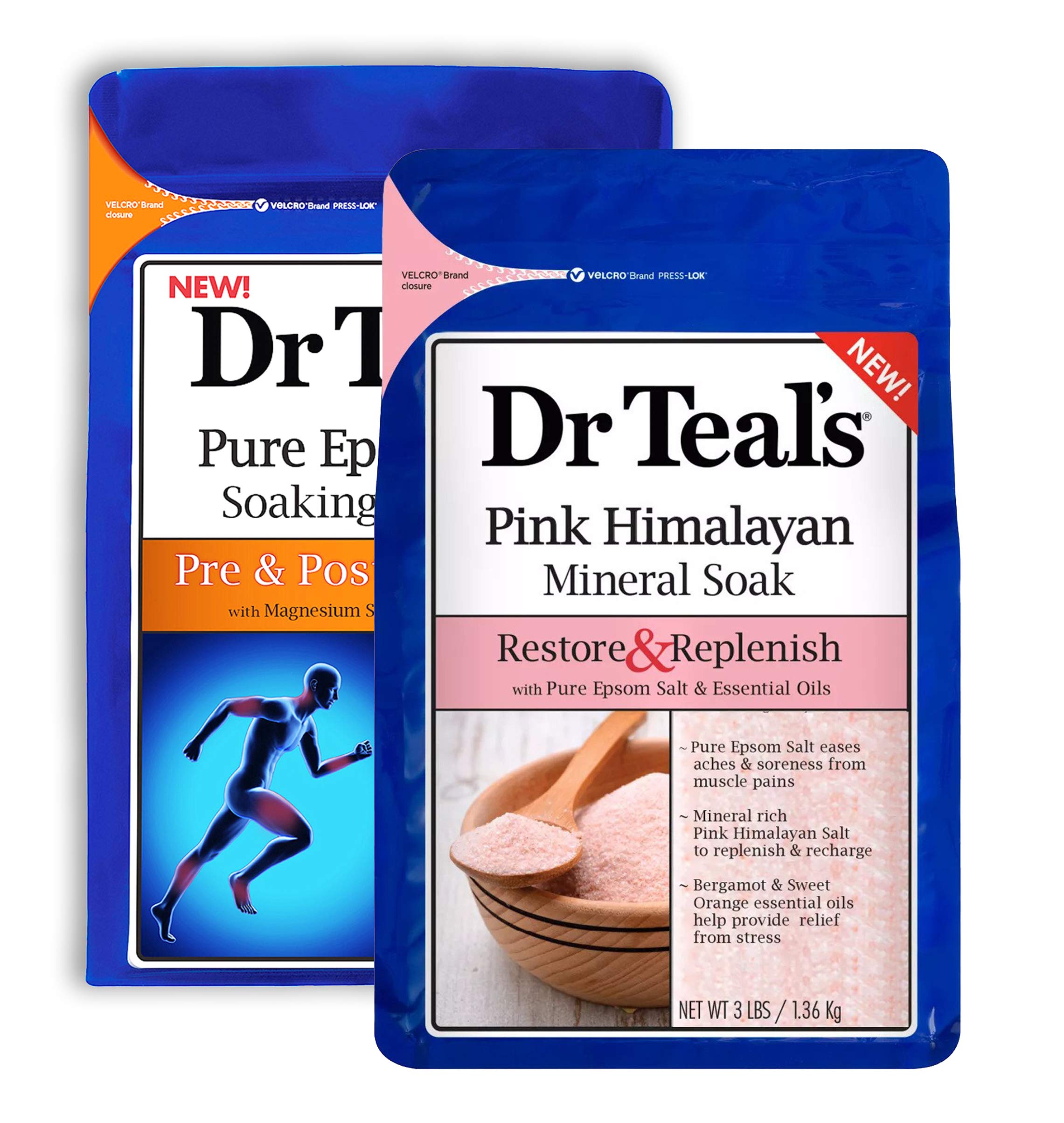 Dr. Teal's Pure Epsom Salt Soaking Solution Gift Set (2 Pack, 3lbs ea.) - Restore & Replenish with Pink Himalayan Salt, Pre & Post Workout with Menthol - Essential Oils Calm Senses & Relieve Stress