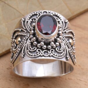 NOVICA Artisan handmade gold accent garnet cocktail ring balinese silver oval with accents sterling single stone indonesia gemstone birthstone traditional [Ring front 0.8 in L x 0.8 in W x 0.2 in H B]