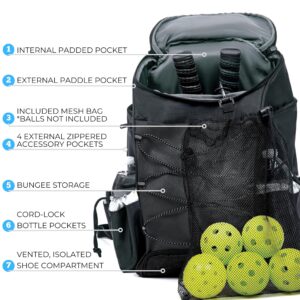 Athletico 35L Pickleball Backpack - Pickleball Bags for Men or Women Includes Pickleball Ball Holder (Black)