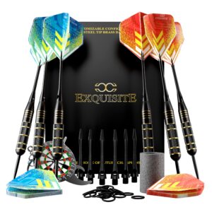 cc-exquisite professional steel tip darts set - 6 x 22g brass barrels with 12 flights standard/slim, 12 aluminum shafts 35/48mm, 12 o-rings, dart tool (‎black - luminary 18g/22)