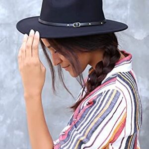 Classic Wide-Brim Fedora-Hats for Women Men Fedora Hat with Belt Buckle Felt Panama Hat Black