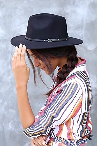 Classic Wide-Brim Fedora-Hats for Women Men Fedora Hat with Belt Buckle Felt Panama Hat Black