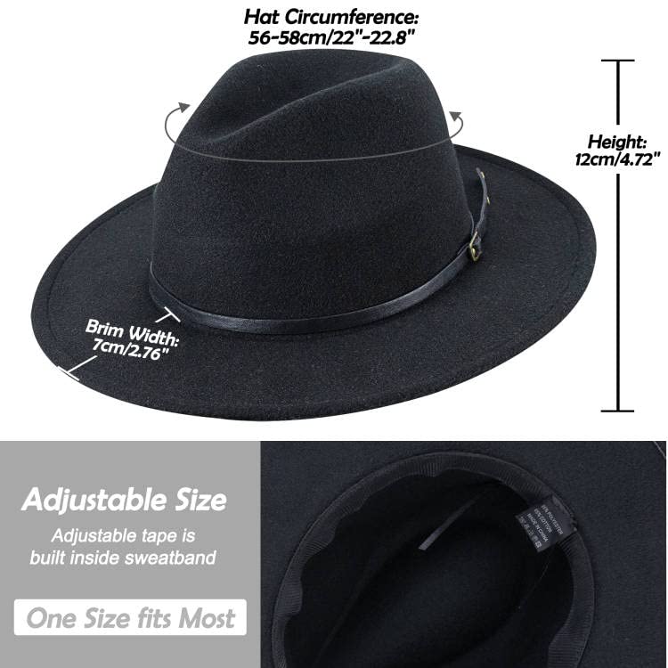 Classic Wide-Brim Fedora-Hats for Women Men Fedora Hat with Belt Buckle Felt Panama Hat Black