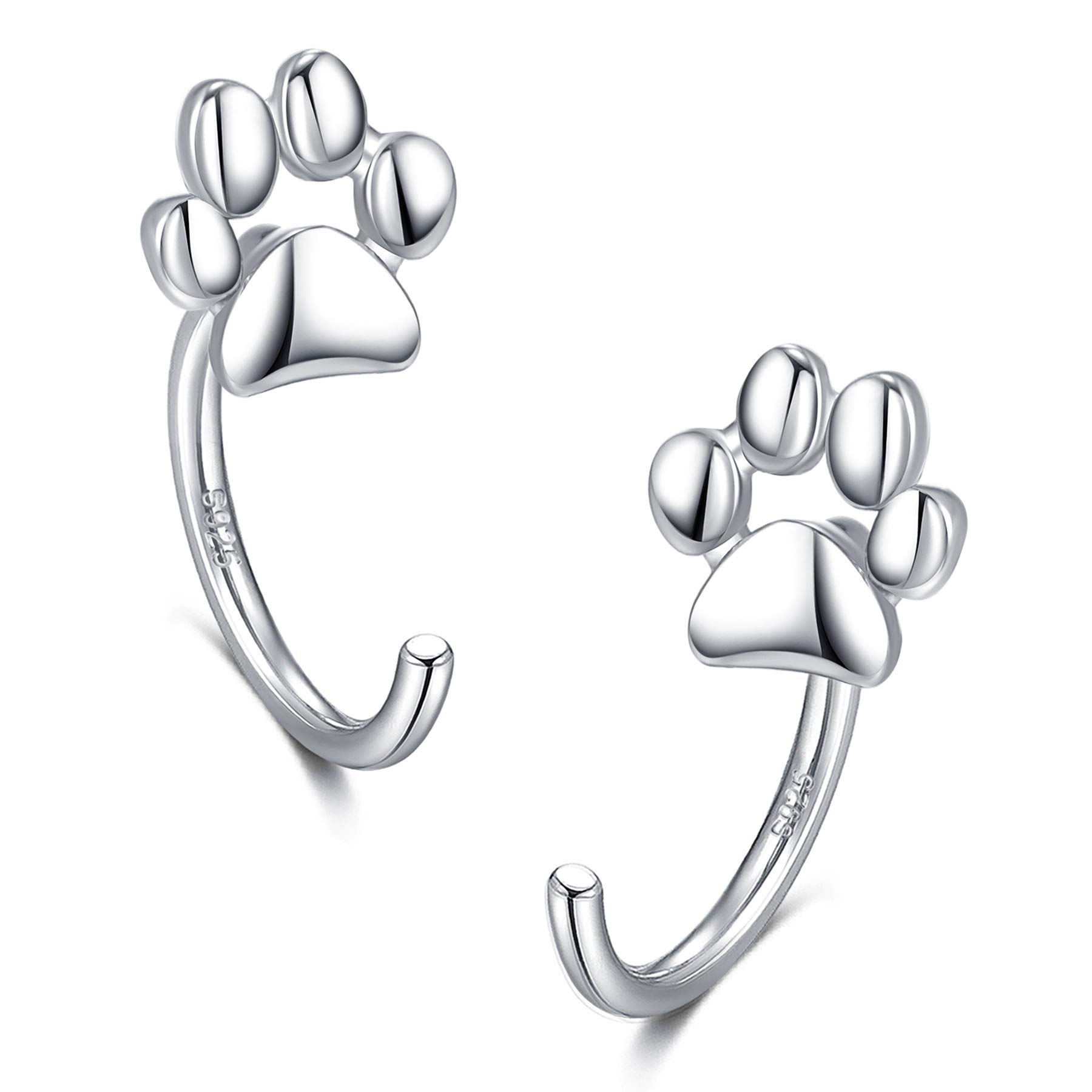 925 Sterling Silver Paw Print Earrings Half Hoop Earrings Puppy Cat Paw Ear Huggie Hoop for Women Open Hoop Earrings