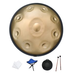 ttxc handpan steel drums musical instrument d minor 9 notes 22 inchs steel hand drum,soft hand pan bag,2 handpan mallet,handpan stand,dust-free cloth,(gold)