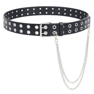 suosdey double grommet leather belt with detachable chain for women men,punk black belt with double studded holes for jeans