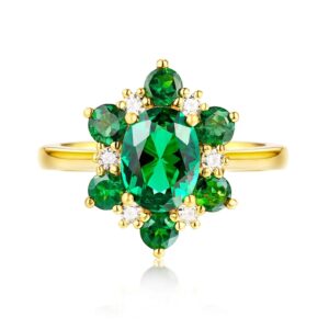 KnBoB Women Flowers Oval Shape 1.67ct Emerald Ring 18K Yellow Gold Promise Wedding Engagement Bridal Anniversary Ring Size 10.5