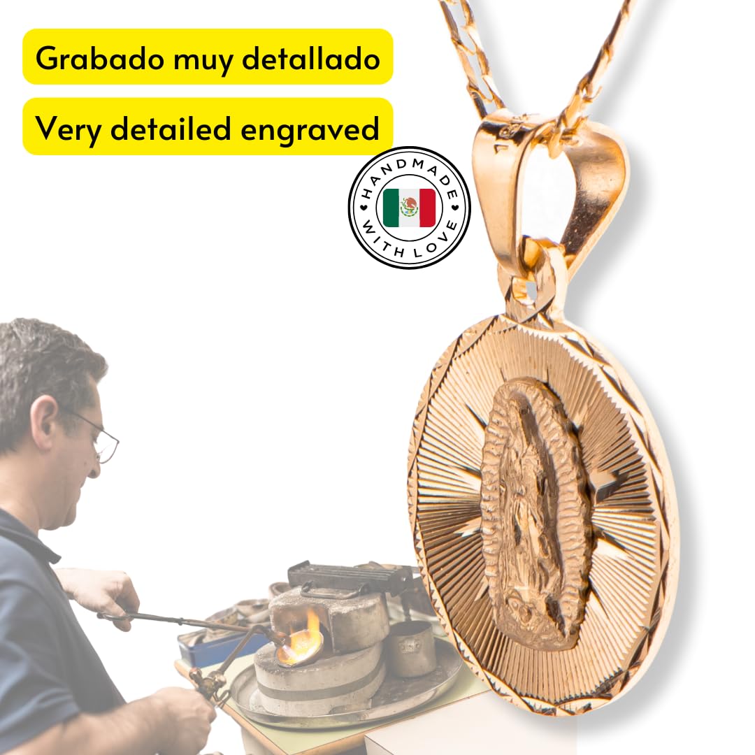 MXArtsCrafts - Virgen de Guadalupe round gold medal necklace, 14k gold laminated Chain with charm Our Lady of Guadalupe, Virgin Mary pendant Necklace, Religious Catholic Jewelry with gift box