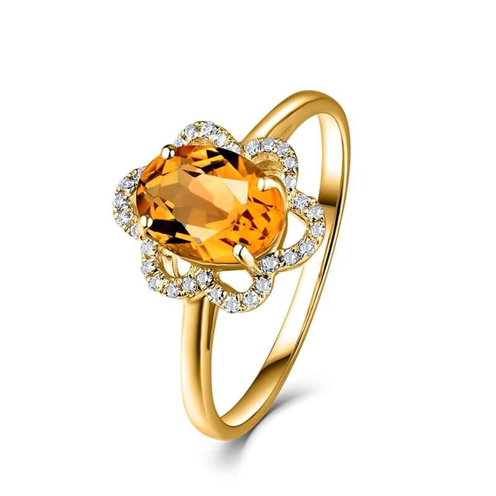 KnBoB Women Flowers Oval Shape 1.2ct Citrine Ring 18K Yellow Gold Promise Wedding Engagement Bridal Anniversary Ring Size 9.5