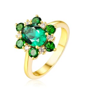 knbob women flowers oval shape 1.67ct emerald ring 18k yellow gold promise wedding engagement bridal anniversary ring size 10.5